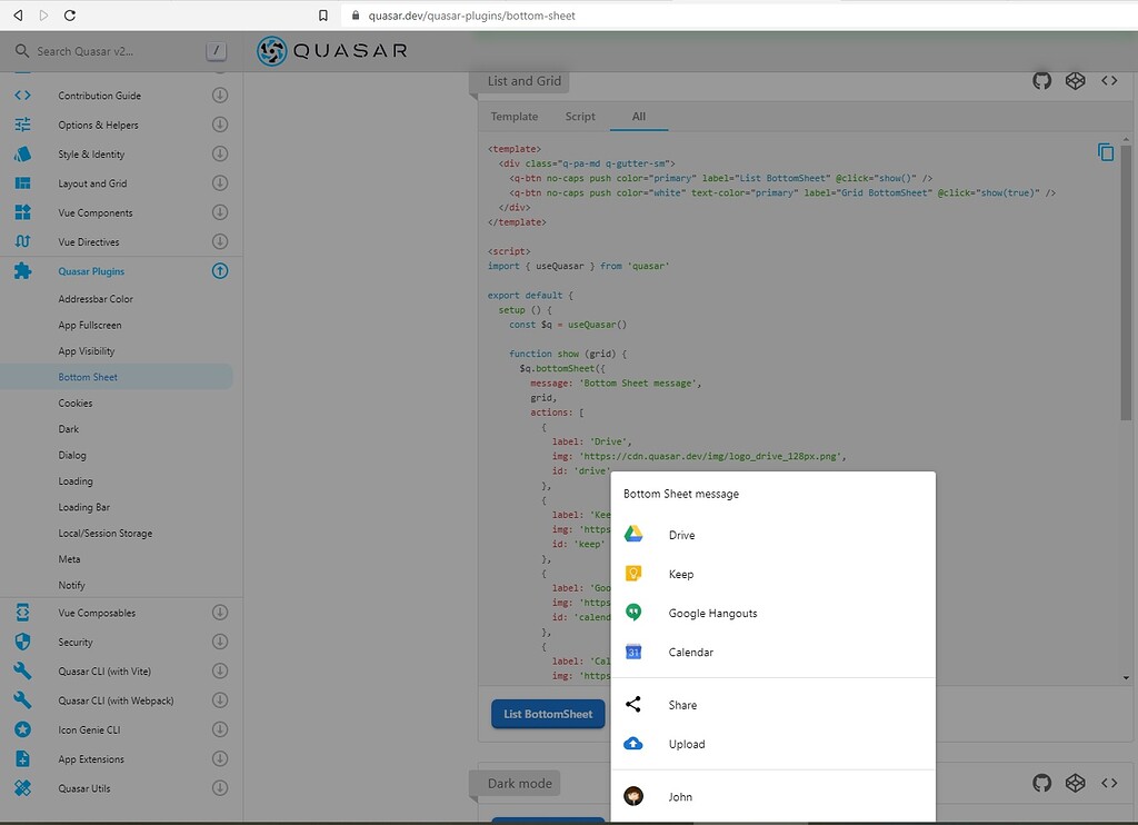How to use Quasar "Bottom Sheet" in PHPRadVue App - PHPRad Vue - Radsystems Forum